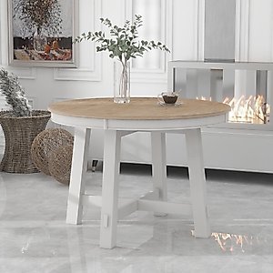 LCH, Farmhouse Round Extendable Dining 16" Leaf Kitchen Table (Oak Natural Wood and Antique White)