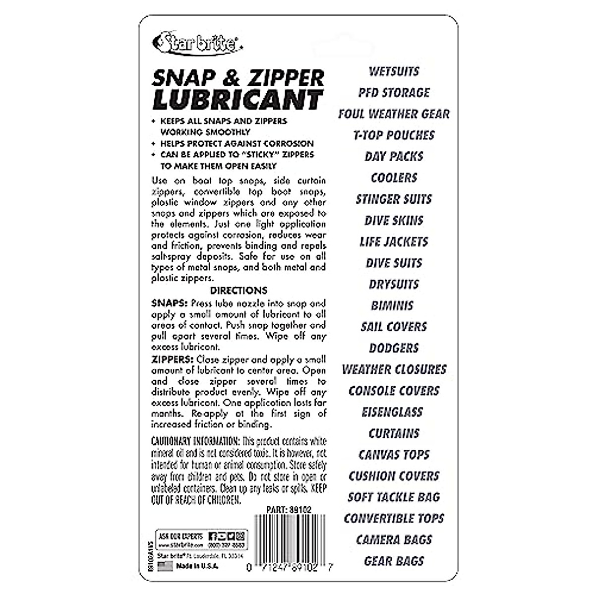 STAR BRITE Snap & Zipper Lubricant - Clear, Non-staining for Clothes, Jeep Tops, Wetsuits, Dive Suits, Gear Bags, Coolers, Biminis, Cushion Covers & More 1.75 OZ (089102)