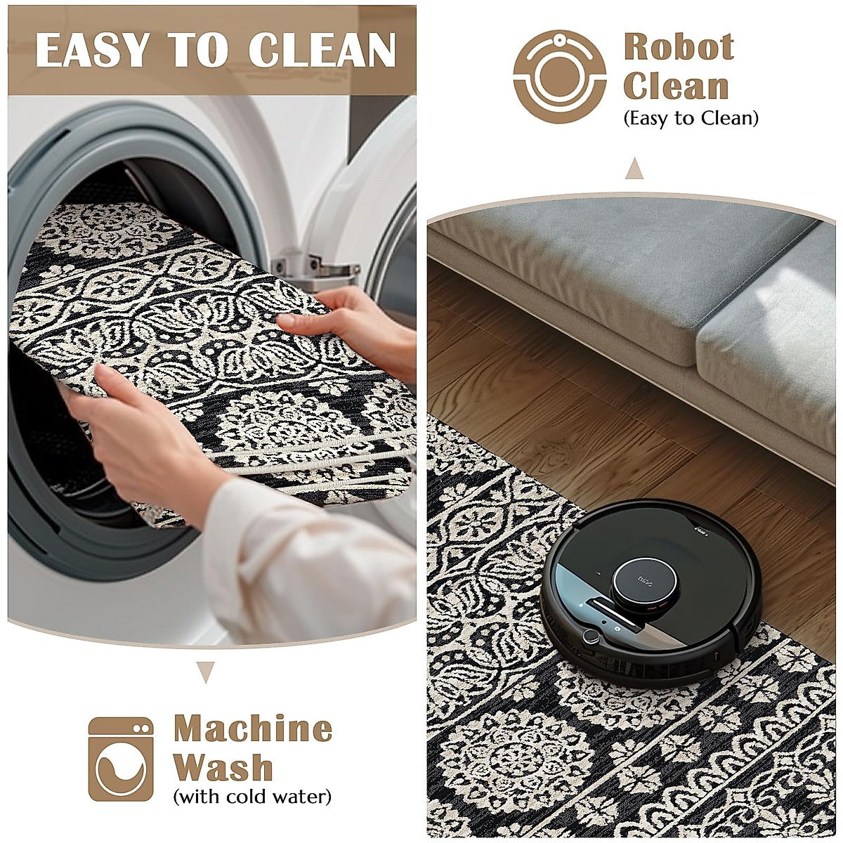 jinchan 3x5 Boho Area Rug Machine Loomed Living Room Rug Bohemian Woven Rug Accent Rug Indoor Vintage Floral Rug Retro Carpet Soft Luxury Rug Washable Kitchen Bedroom Dining Room, Black and White