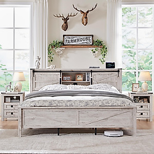 RedLemon Farmhouse Queen Size Bed Frame with Bookcase Headboard, Sliding Barn Door, Storage Cabinet, Charging Station, Wood Slats Support, No Box Spring Needed, Antique Brush White