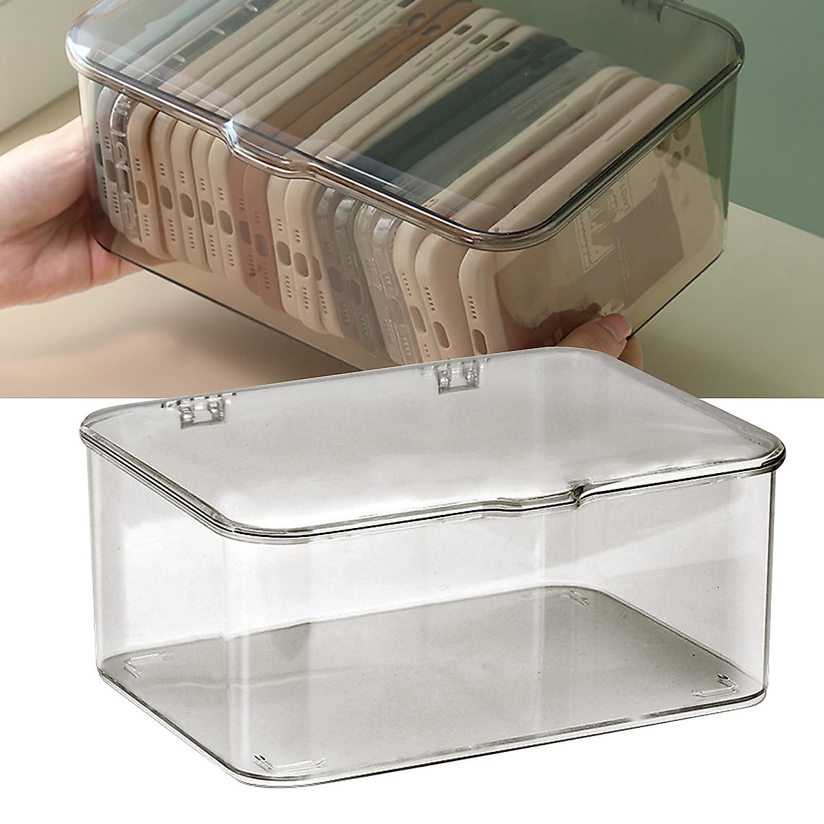 Plastic Storage Box, Hinged Lid Storage Box Stackable Bin with Lid Clear Storage Box Desk Organizer Pencil Box Plastic Phone Case Storage Container for Cosmetics Art Supplies 8.9x6.5x3.9in(Gray)