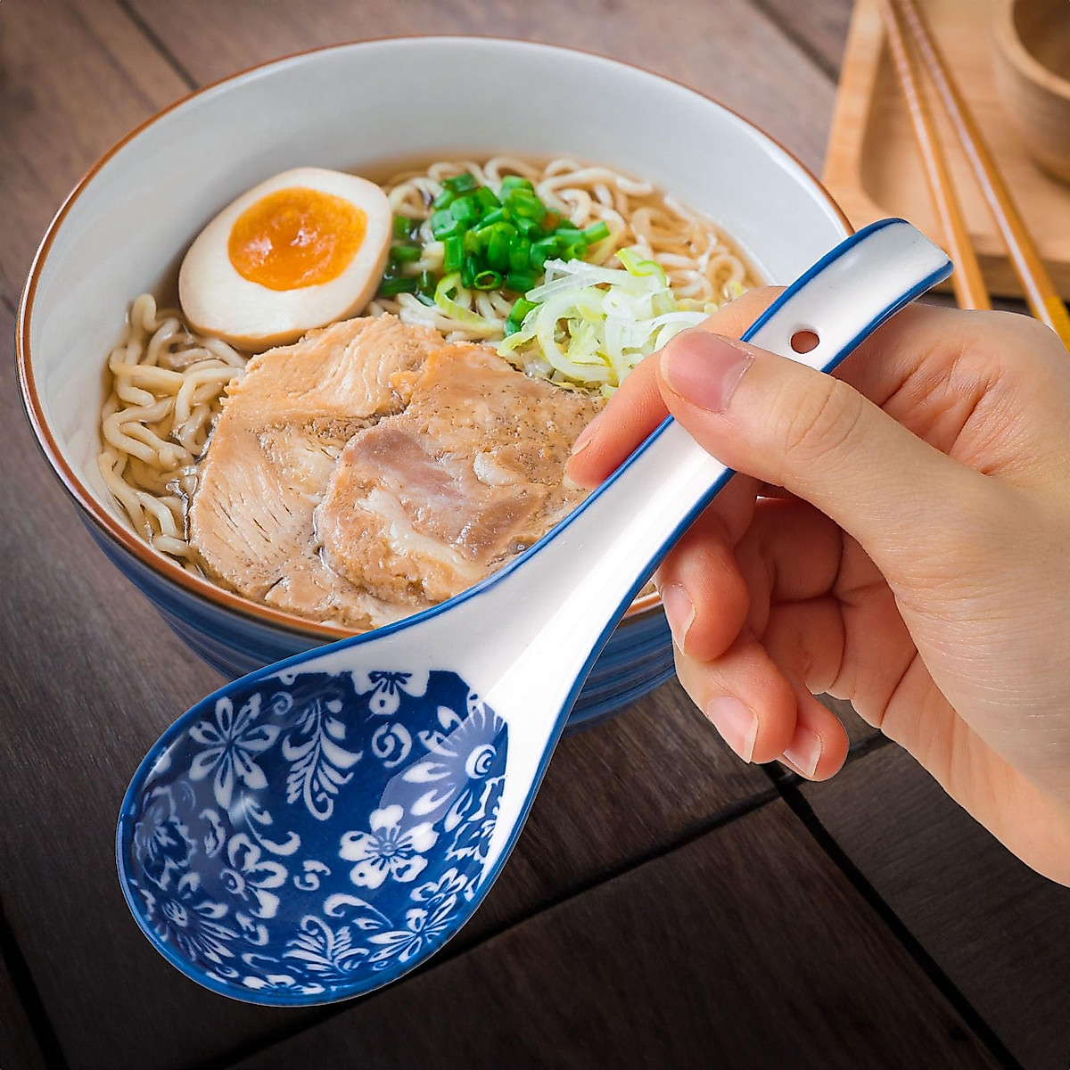 HAKSEN Asian Soup Spoon, Japanese Ramen Spoons with Long Handle for Chinese Vietnamese Wonton Dumplings Pho Noodle Soup Miso Soup Tomato Bisque, 4 PCS 6.8 Inches