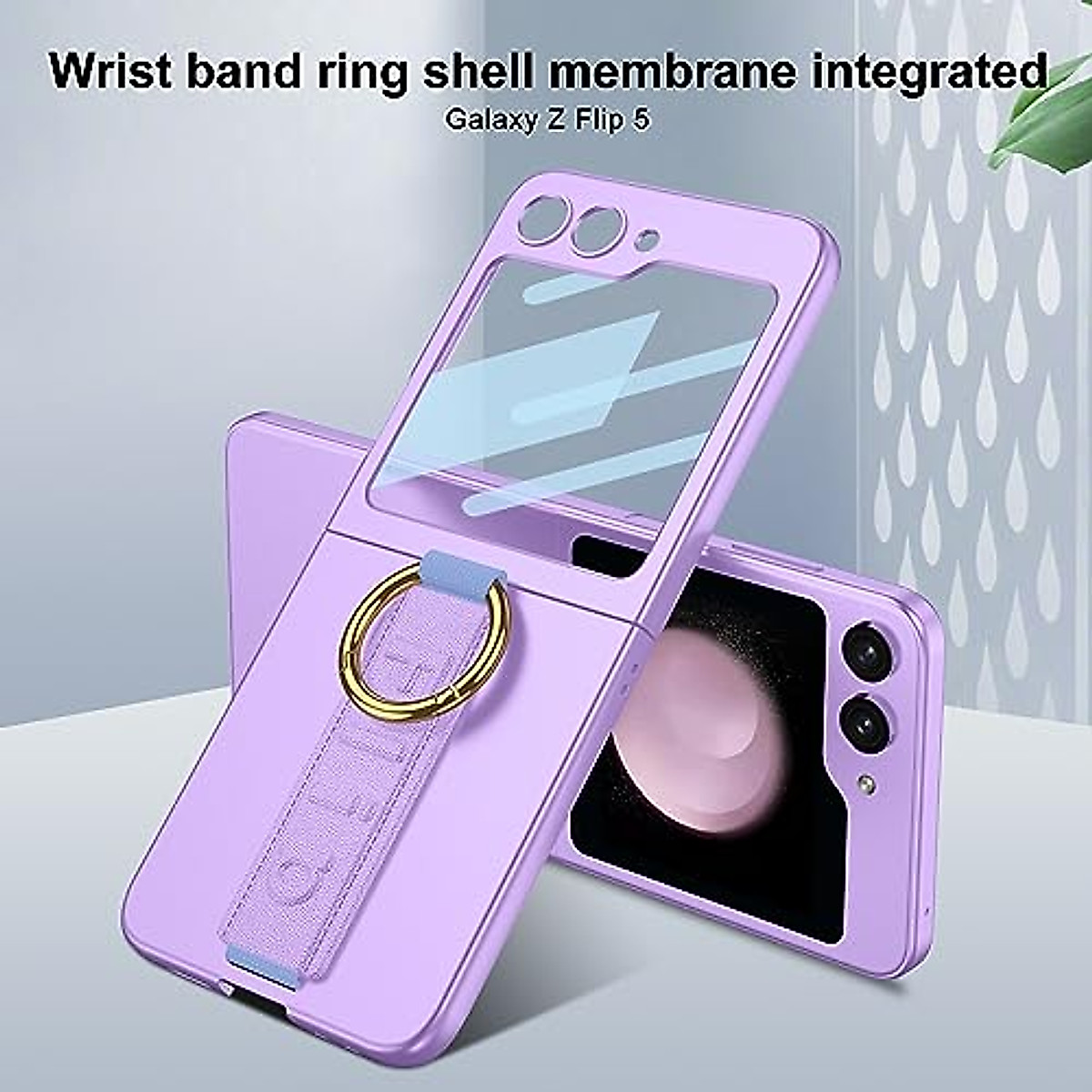 DEMCERT for Samsung Galaxy Z Flip 5 Case with Wrist Band Ring, Ultra Thin Hard PC Back 9H Glass Camera Lens Protector Shockproof Cover for Samsung Galaxy Z Flip 5 5G (Purple)