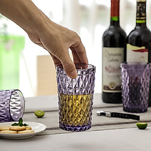 EVEREST GLOBAL Purple Highball Drinking Glasses set of 6 Colored Glass cups 11oz Embossed with Geometric Diamond Pattern Solid Color Vintage Water for Tea Juice and More