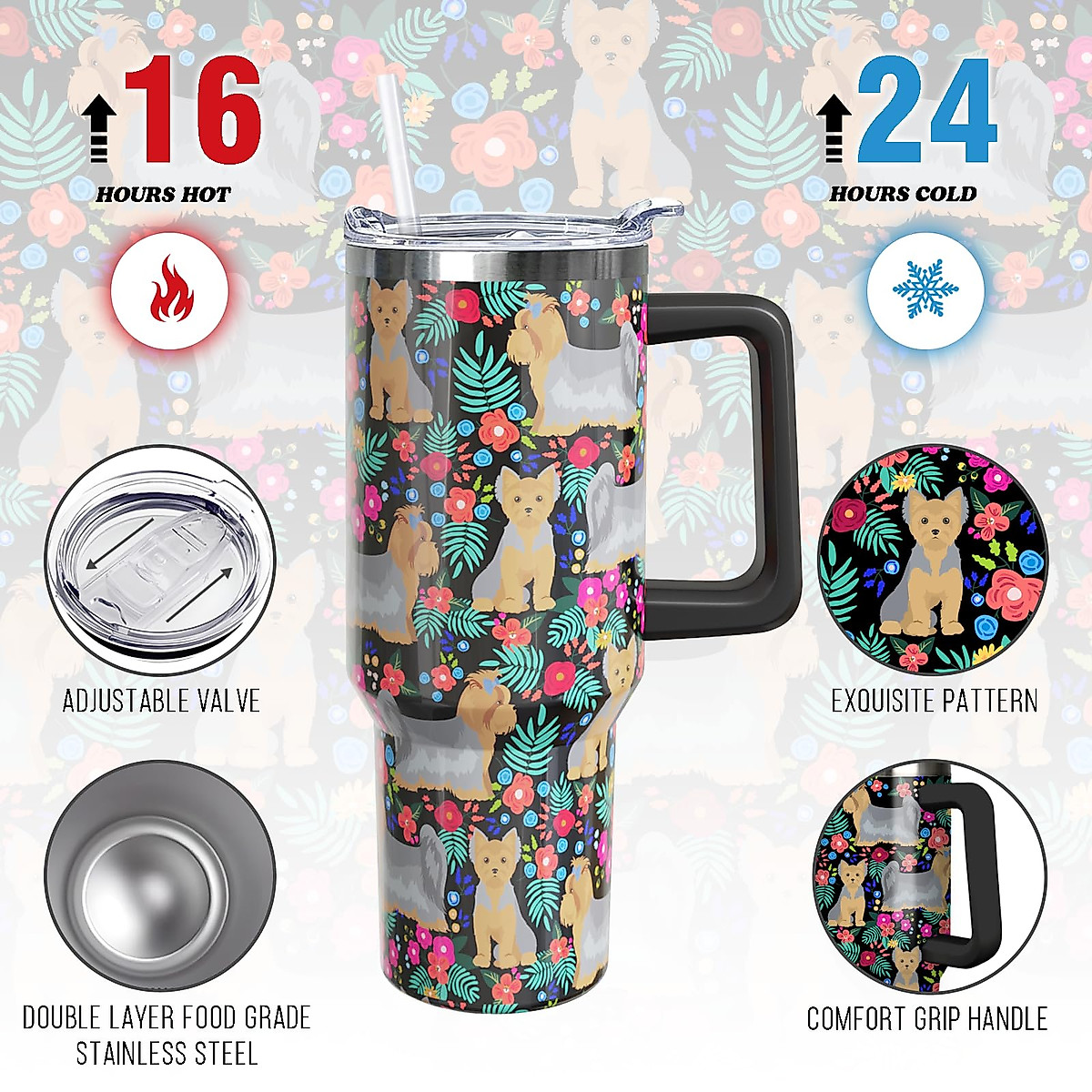 puhnhsv 40 oz Yorkie Tumbler with Handle, Insulated Stainless Dog Tumbler Coffee Travel Mugs Cup Water Bottle Yorkie Lovers Gifts for Women Girls