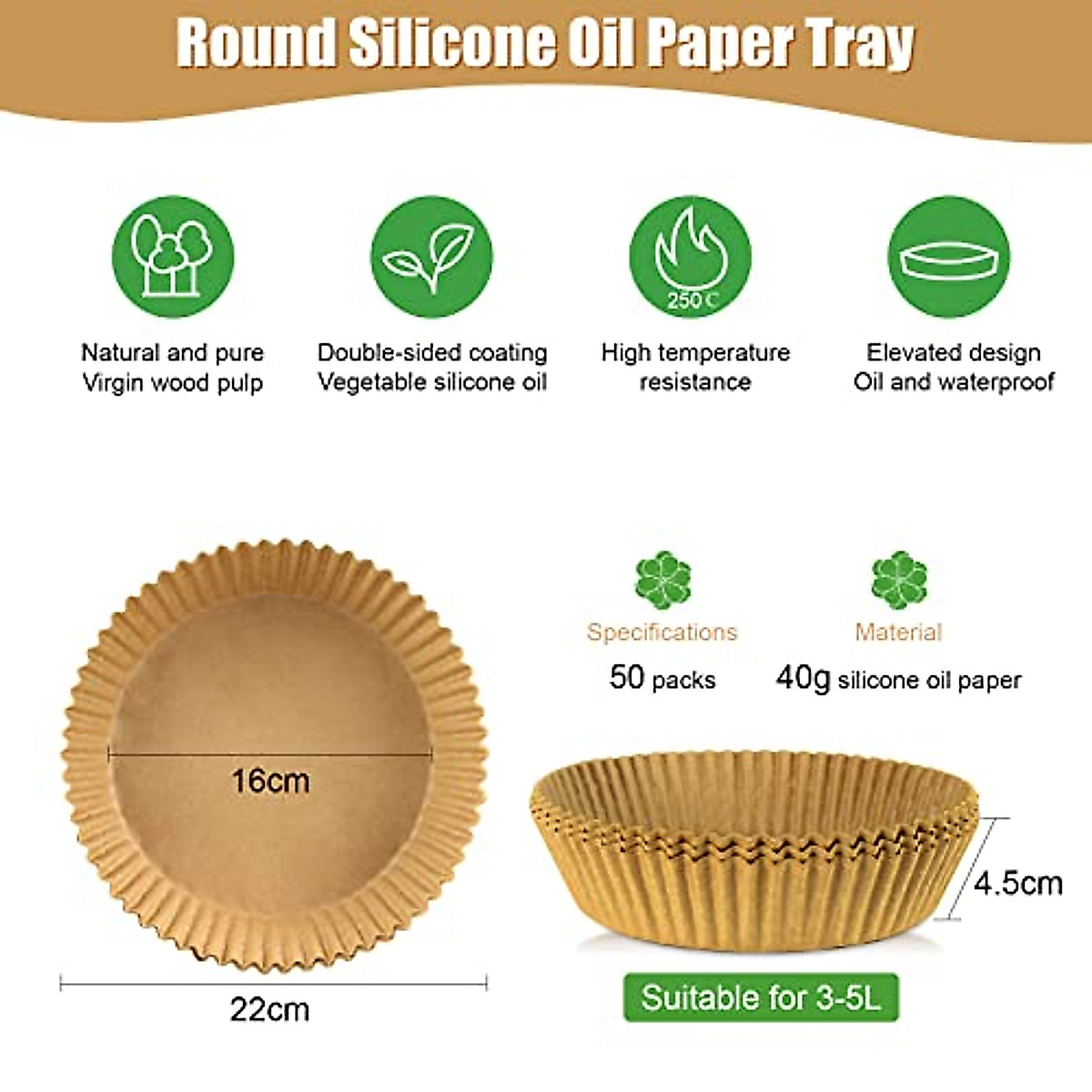 FGSAEOR Air Fryer Paper Liners, Airfryer Parchment Baking Liners, Non-stick Disposable Paper Liner, Cookers Basket for Oven, Microwave, Air Fryer Pan Roasting Accessories (6.3 IN-50PCS, Natural)