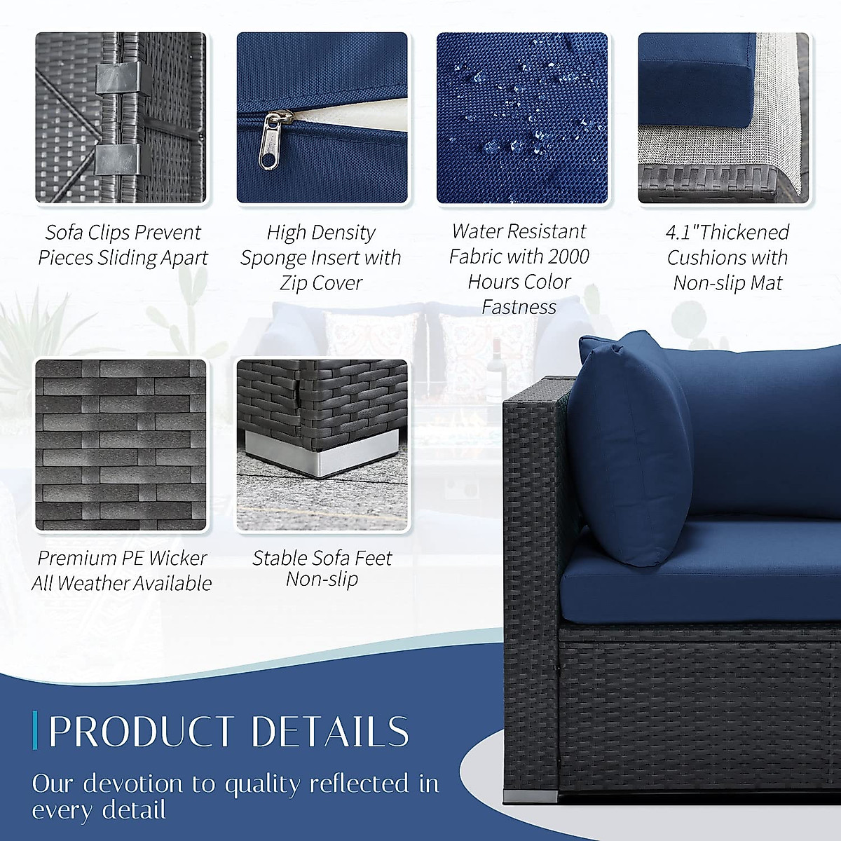 NICESOUL® Large 9 Piece Outdoor Patio Furniture Set with Fire Pit Table,29.3'' High Back Rattan Modular Sectional Sofa Set with Natural Gas/Propane Firepit Navy,2 Colors Cushions