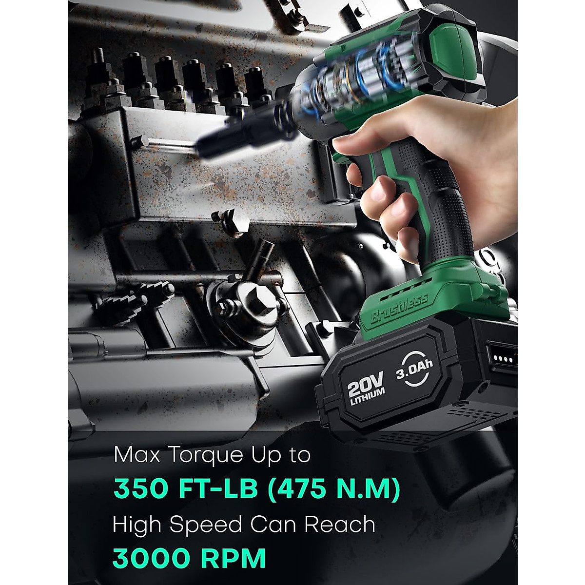 KIMO Impact Wrench 1/2 Cordless,475N.m/350ft-lbs Max Torque & 3000RPM, 2x20V 3.0Ah Battery, Impact Gun with 7 Drive Impact Sockets, 3 Inch Extension Bar, 1 Hour Fast Charger Impact Drill for Car Tires