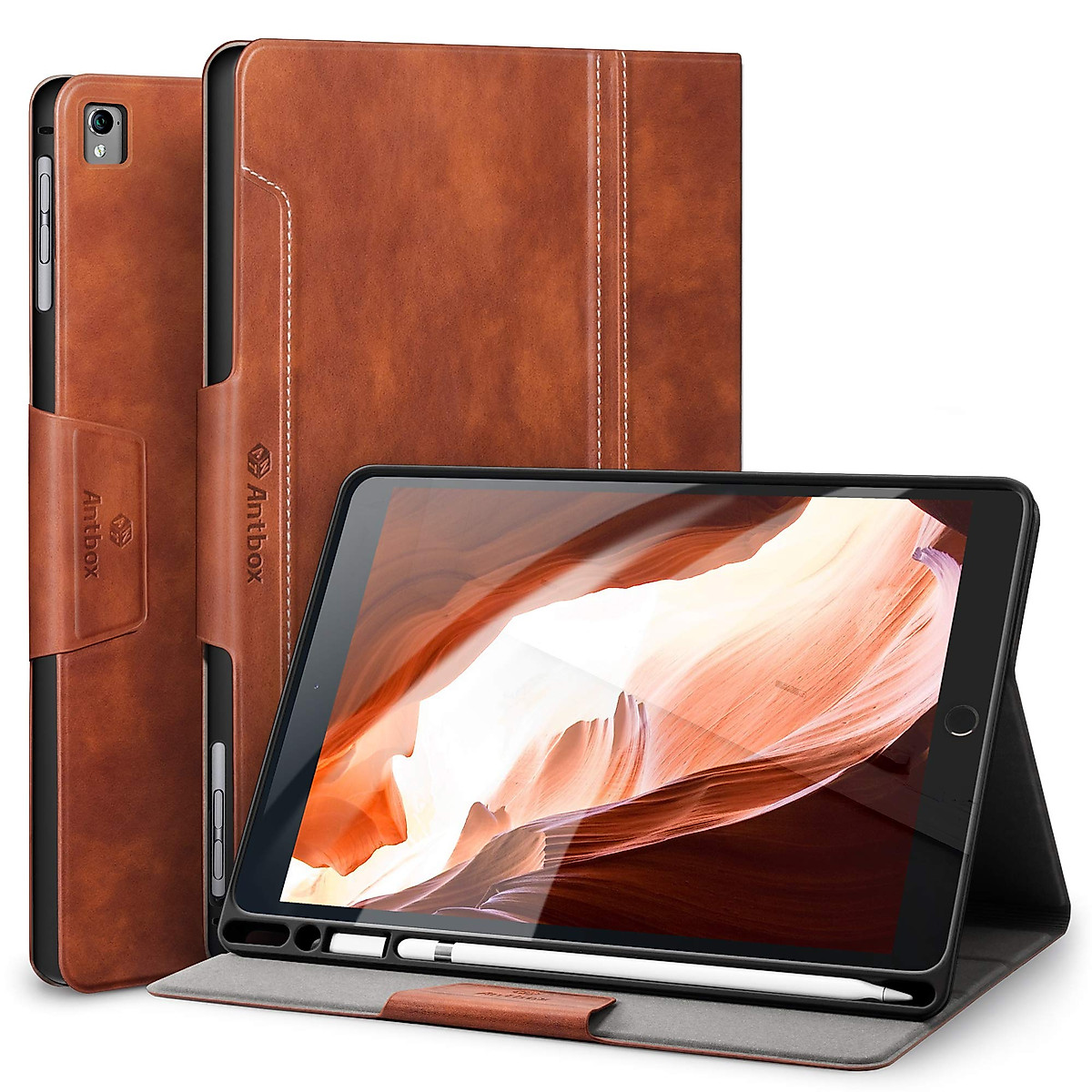 Antbox Case for iPad Air 2/iPad 6th/5th Generation(9.7'')/Pro 9.7''/Air 1 Vegan Leather Case with Pencil Holder Auto Sleep/Wake Function Smart Cover for iPad 9.7'' (Brown)