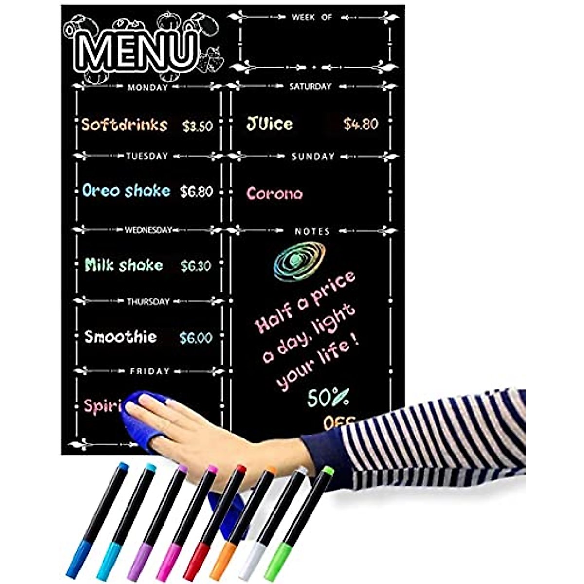 Magnetic Menu Board for Fridge, LiebHome Dry Erase Weekly Menu Planner/Family Calendar 16" x 12" with Grocery List and Notes (Black with 8 Markers)