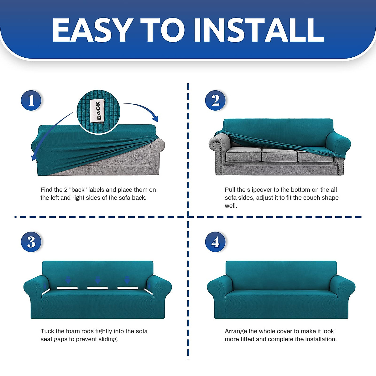 KEKUOU Stretch Oversized Sofa Slipcover 1 Piece Couch Sofa Cover (94"-110") Furniture Protector 4 Seater Sofa with Elastic Bottom for Kids,Pet.Jacquard Checked Pattern Fabric(X Large,Peacock Blue)