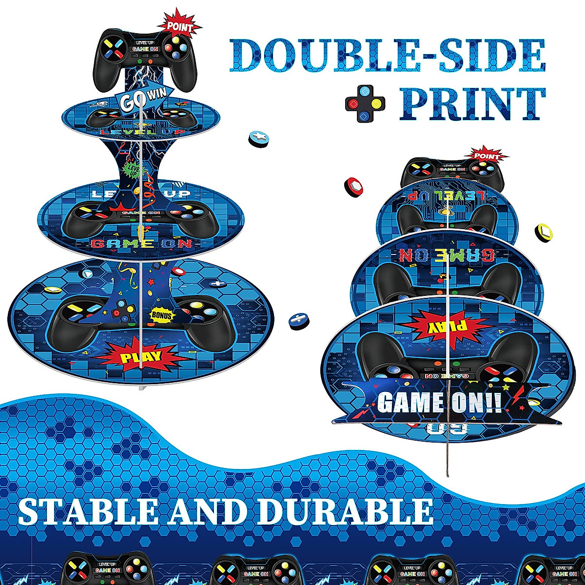 3-Tier Video Game Cupcake Stand Reusable Mini Game Theme Cake Stand Cardboard Gamer Cupcake Holder Stand for Birthday Theme Party Supplies Dessert Stand (Blue, Classic Style)