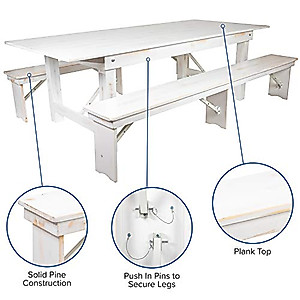 Flash Furniture HERCULES Series 8' x 40" Antique Rustic White Folding Farm Table and Two Bench Set