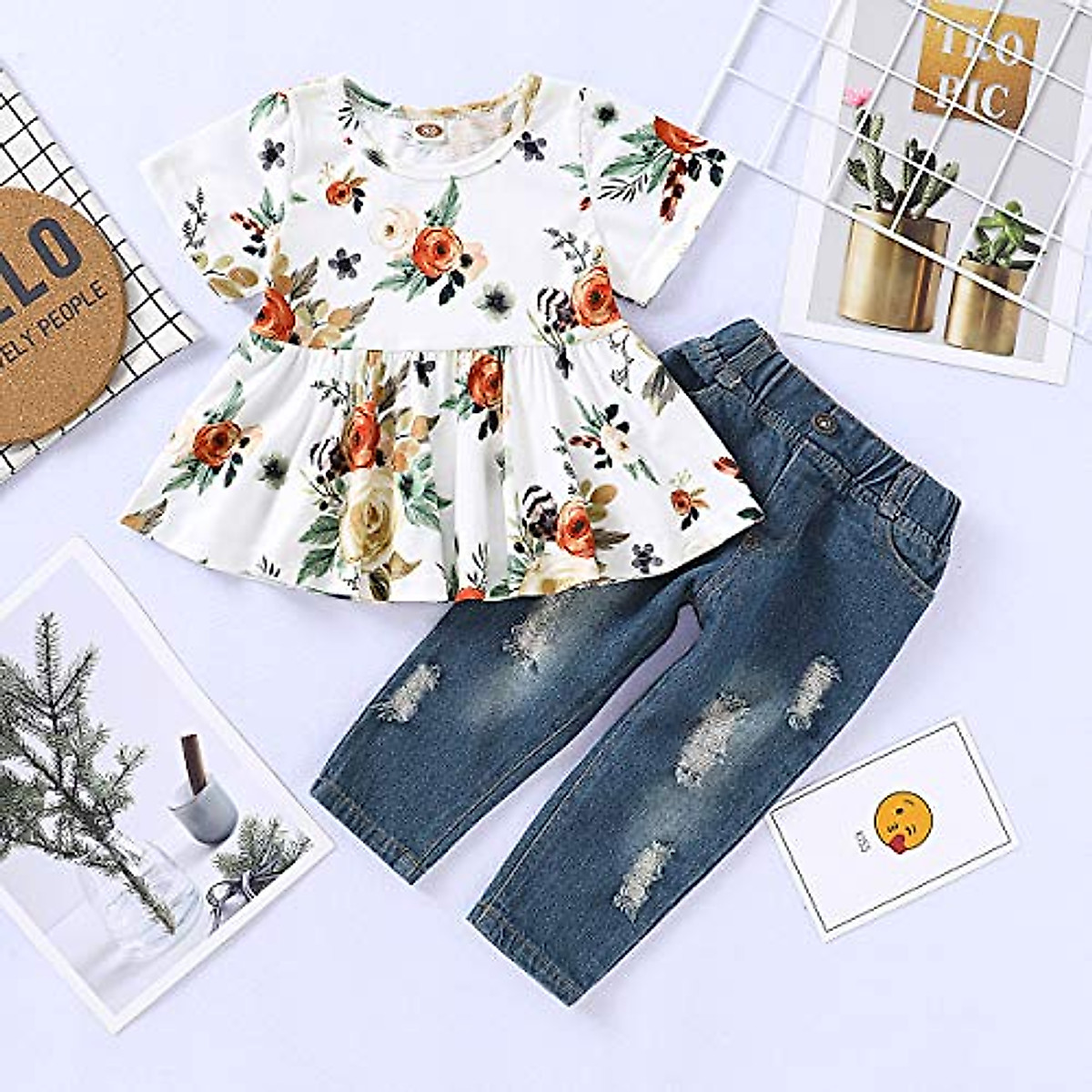 SANMIO Toddler Girl Clothes, Baby Girl Outfits Cute Floral Long Sleeve Ruffle Shirt and Jeans Pants Fall Winter Clothing Set