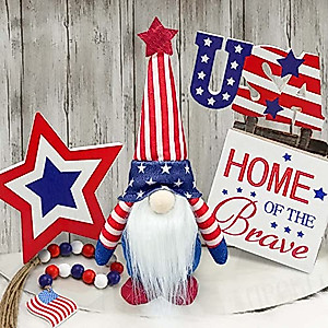 4th of July Decorations - Tiered Tray Decor - 3 Patriotic Wooden Signs - Gnomes Plush and Bead Garland - Farmhouse Rustic Decor Items for Home Table Memorial Day Independence Labor Red White Blue