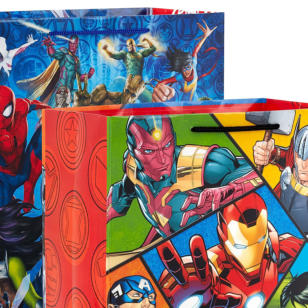 Hallmark Marvel Superhero Gift Bag Set (1 Large 13" Bag and 1 Extra Large 15" Bag) with Spider-Man, Hulk, Thor, Iron Man for Birthdays, Christmas, Halloween