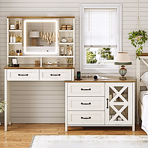 BTHFST Farmhouse Vanity with Glass Top & Charging Station, Vanity Desk with Touch Screen Mirror and Lights, Makeup Vanity with 5 Drawers & Shelves & Cabinet, Antique White