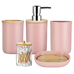 iMucci Bathroom Accessories Set 5Piece Plastic Bathroom Decor Sets Accessories, Toothbrush Holder, Toothbrush Cup, soap Dispenser, soap Dish(Pink Bamboo Cover)
