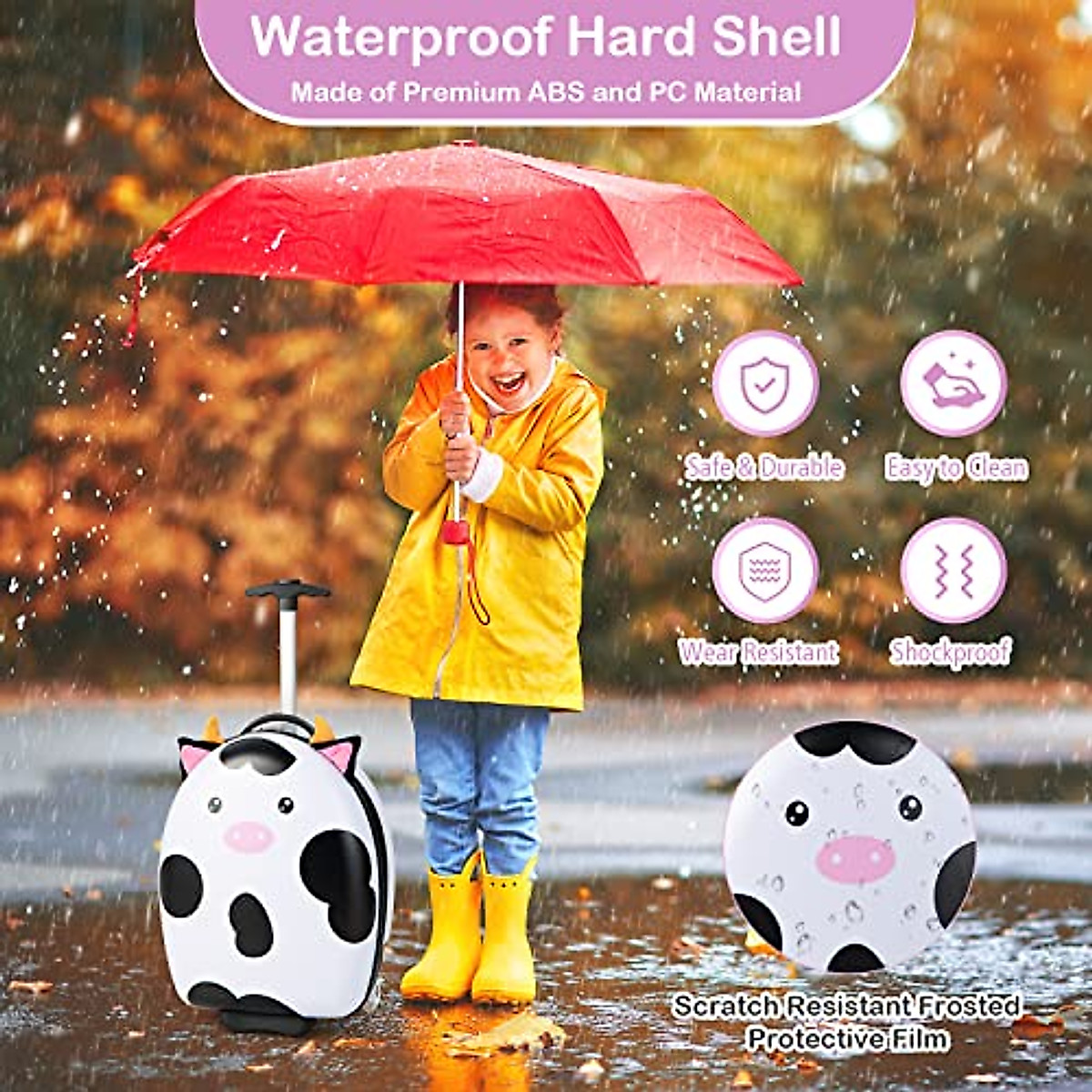 BABY JOY Kids Luggage, 16” Hard Shell Carry-On Suitcase w/LED Flashing Rolling Wheels, Telescopic Handle, Upright Travel Trolley Luggage for Toddlers Girls Boys, Airplane Approved (Little Milk Cow)