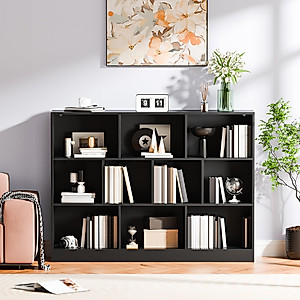 Cozy Castle Black Bookshelf, 3-Tier Open Shelf Bookcase, 10 Cube Storage Organizer with Anti-Tilt Device, Freestanding Horizontal Bookshelf Cube Shelf for Bedroom, Living Room, Office