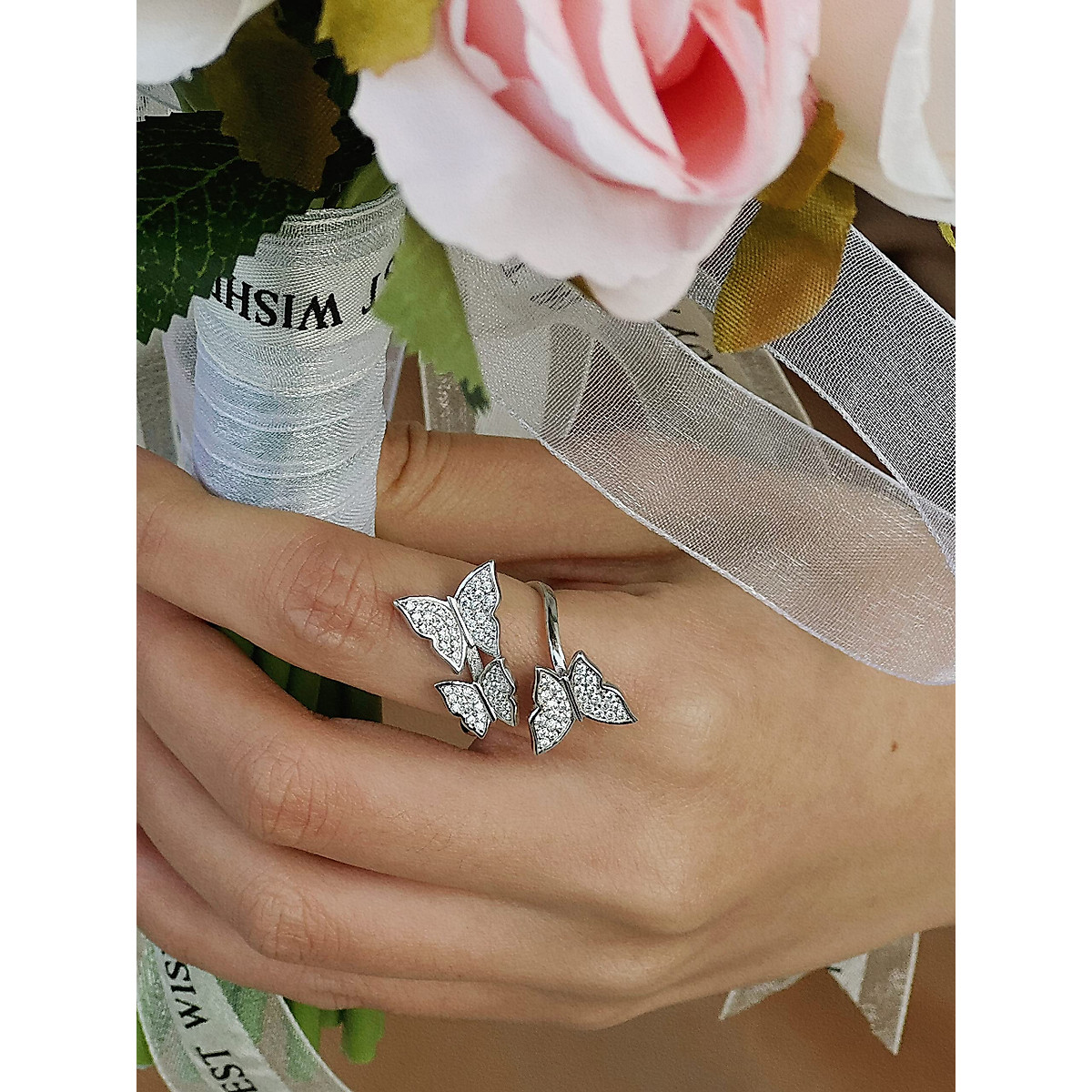 Michooyel S925 Cubic Zirconia Butterfly Adjustable Ring CZ Sterling Silver Finger Ring Statement Ring for Women