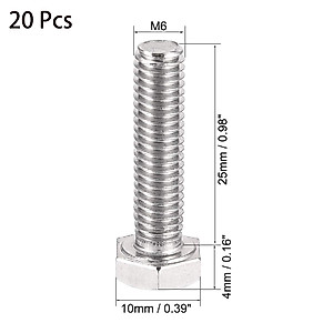 20 Pcs M6 Hex Bolt M6-1 x 25mm UNC Hex Head Screw Bolts A2-70(304) Stainless Steel Fully Threaded Hex Tap Bolts，Plain Finish，Fully Threaded (M6 x 25mm)