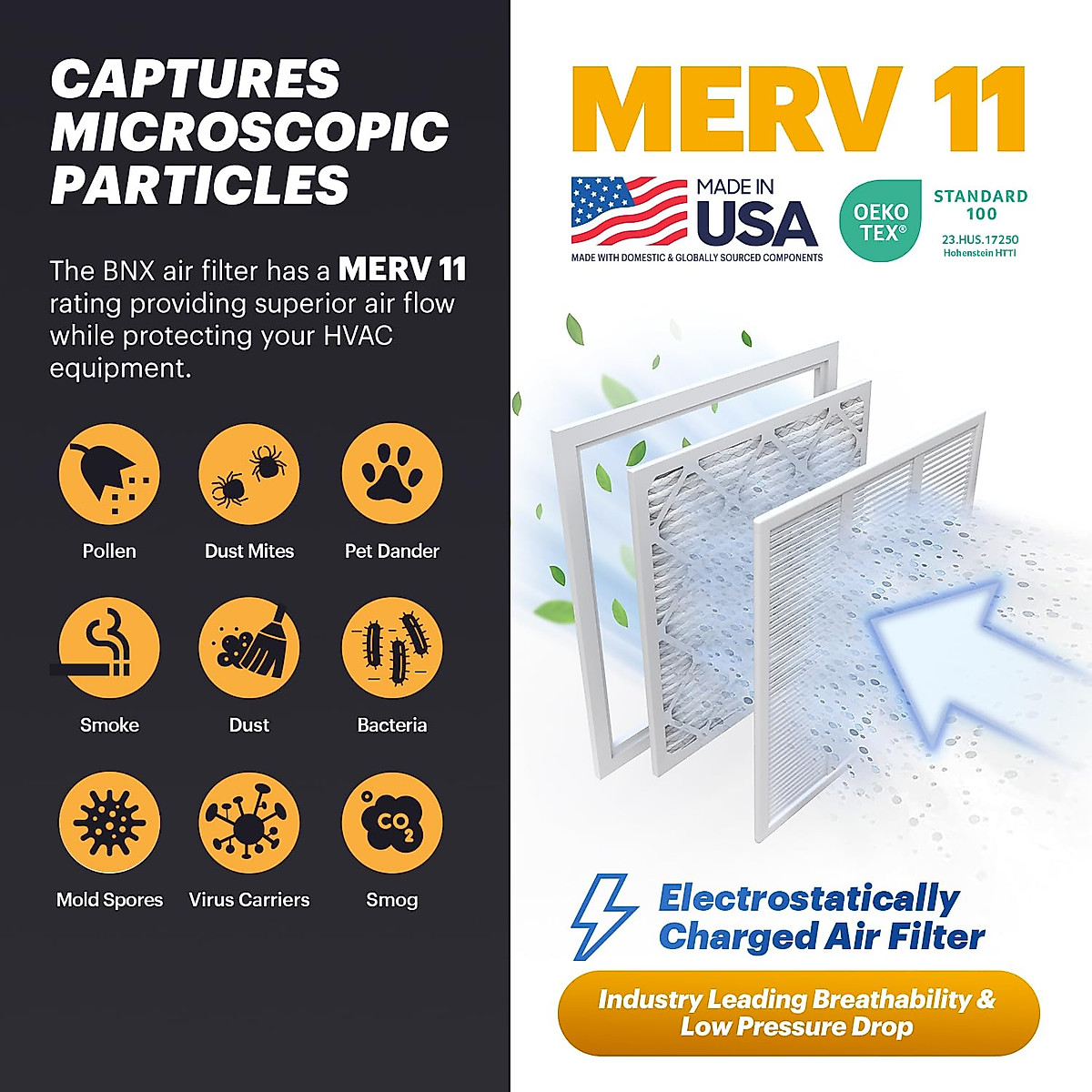 BNX TruFilter 14x20x1 Air Filter MERV 11 (6-Pack) - MADE IN USA - Allergen Defense Electrostatic Pleated Air Conditioner HVAC AC Furnace Filters for Allergies, Dust, Pet, Smoke, Allergy MPR 1200 FPR 7