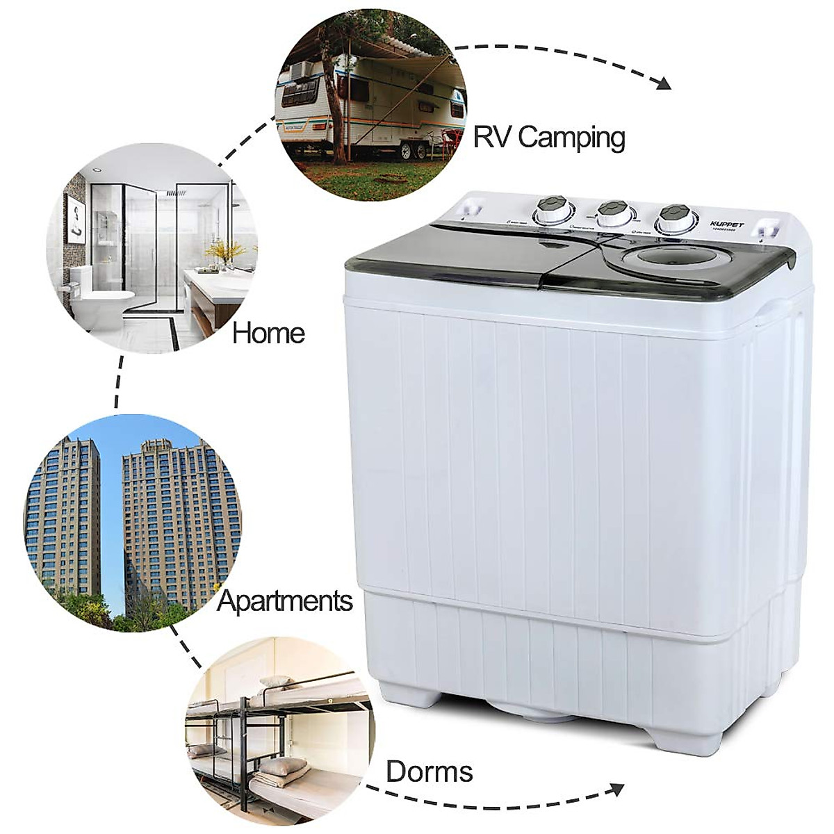KUPPET Compact Twin Tub Portable Mini Washing Machine 26lbs Capacity, Washer(18lbs)&Spiner(8lbs)/Built-in Drain Pump/Semi-Automatic (White&Gray)