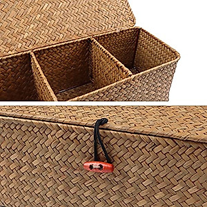 FEILANDUO Seagrass Storage Basket with Lid Hand Woven Wicker Shelf Baskets Rectangular Small Storage Box for Desktop Organizing (Natural 3 Sections with Lid)