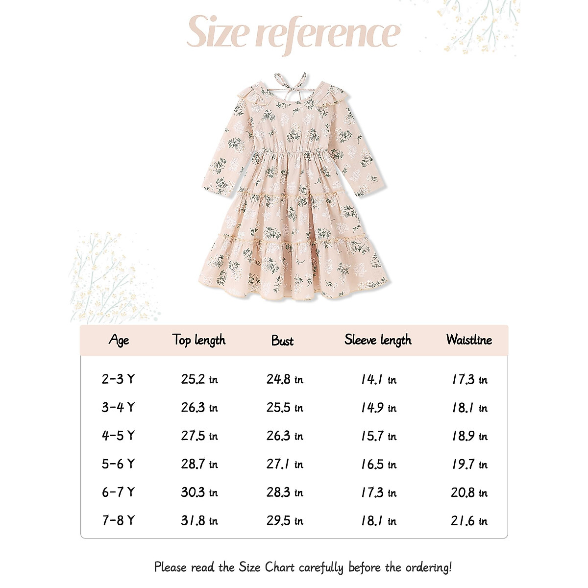 Hipea Toddler Girl Dress Long Sleeve Floral Dress Up Casual Round Neck Back Tie Ruffles Little Girls Fall Dresses 3-4T