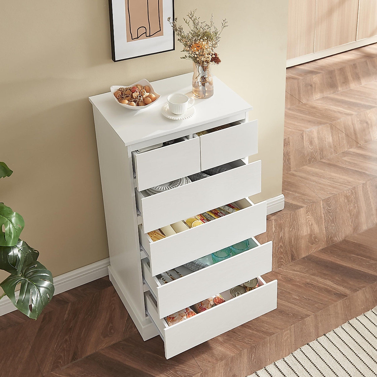 Alaxgumrol 6 Drawer Dresser for Bedroom - White Tall Dresser & Chest of Drawers, Moden Closet Dressers with Concealed Handle, Dresser Storage Cabinet for Livingroom, Hallway, Entryway