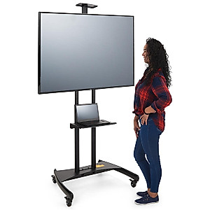 Displays2go Commercial Flat Screen TV Holder, Locking Wheels, Media Shelf, Aluminum Construction – Black (EM6580BK)