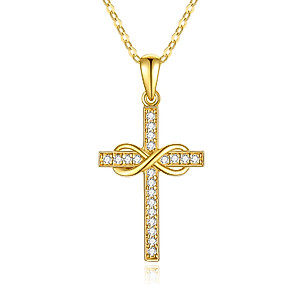 14K Gold Cross Necklace for Women, Solid Gold Infinity Cross Pendant Necklace with Cubic Zirconia for Men Friend Mum Sister Her, 16''-18'' (14K Gold)
