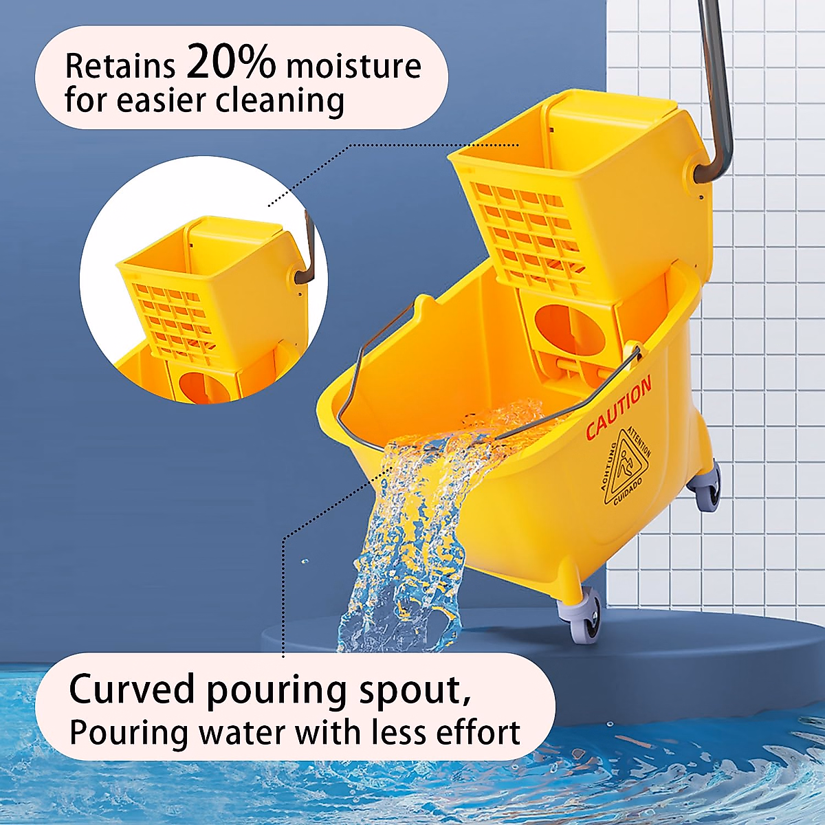 Commercial Mop Bucket with Side Press Wringer on Wheels with Industrial Heavy Duty Mop, 35-Quart, Yellow,ldeal for Household and Public Places Floor