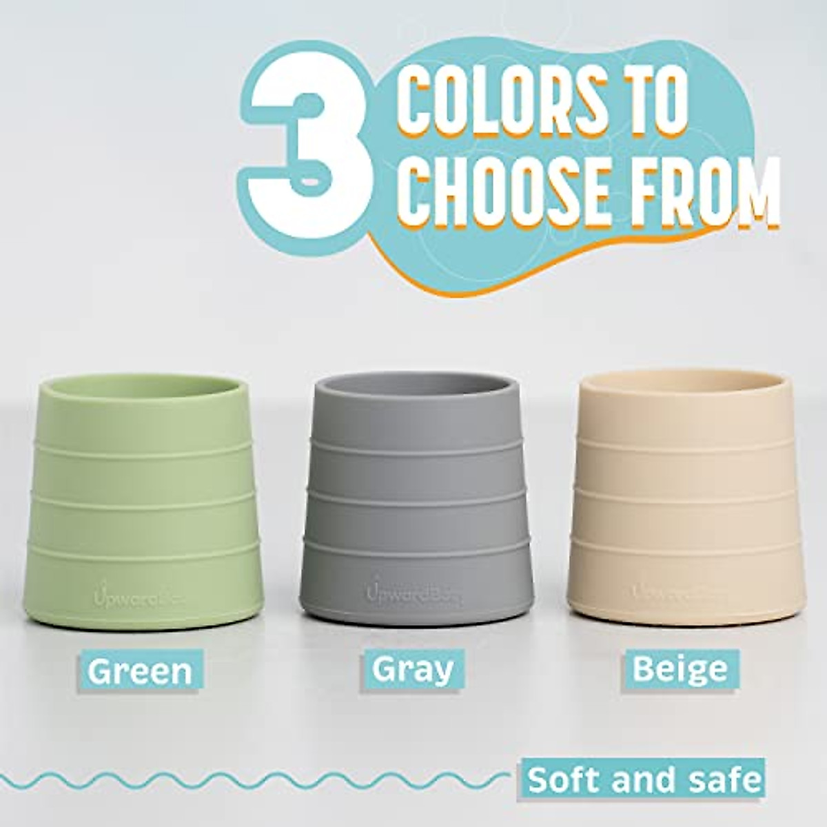 Upward Baby Silicone Cups 2 pc Set - Transition Baby Open Cup from bottle + Easy Grip Toddler cups spill proof for 1 year old + Montessori silicone cup Baby Led Weaning Supplies Dishwasher Safe(Green)