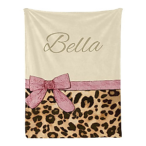 Leopard Print Baby Pink Bow Baby Blanket with Name Custom Personalized Super Soft Nursery Fleece Throw Blankets for Newborns Baby Shower Girls Kids Birthday Gift 30 X 40 inch