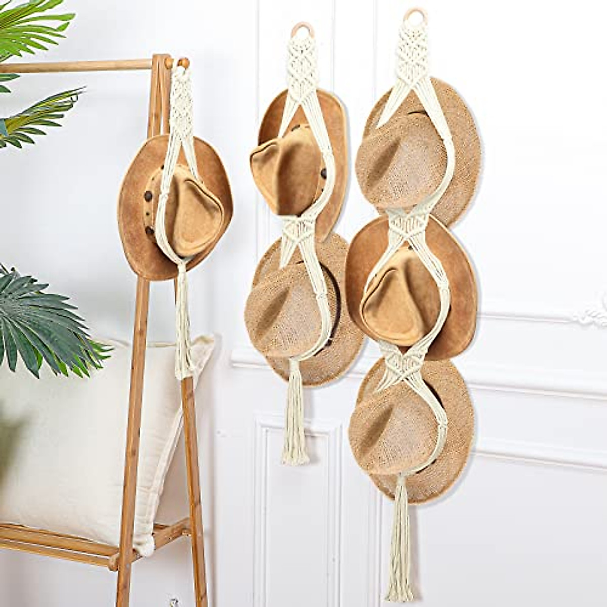 Tondiamo 3 Pieces Boho Hat Hangers Macrame Hat Organizer Wall Hanging Cowboy Hat Rack Decorative Hand Weaving Hat Holder Organizer for Wide Brim and Fedoras Sun Hat Baseball Caps Display, 3 Styles