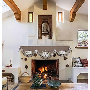 Embroidered Fireplace Mantel Scarf with White Daisy on Brown Linen and Cut Work (19Wx90L)