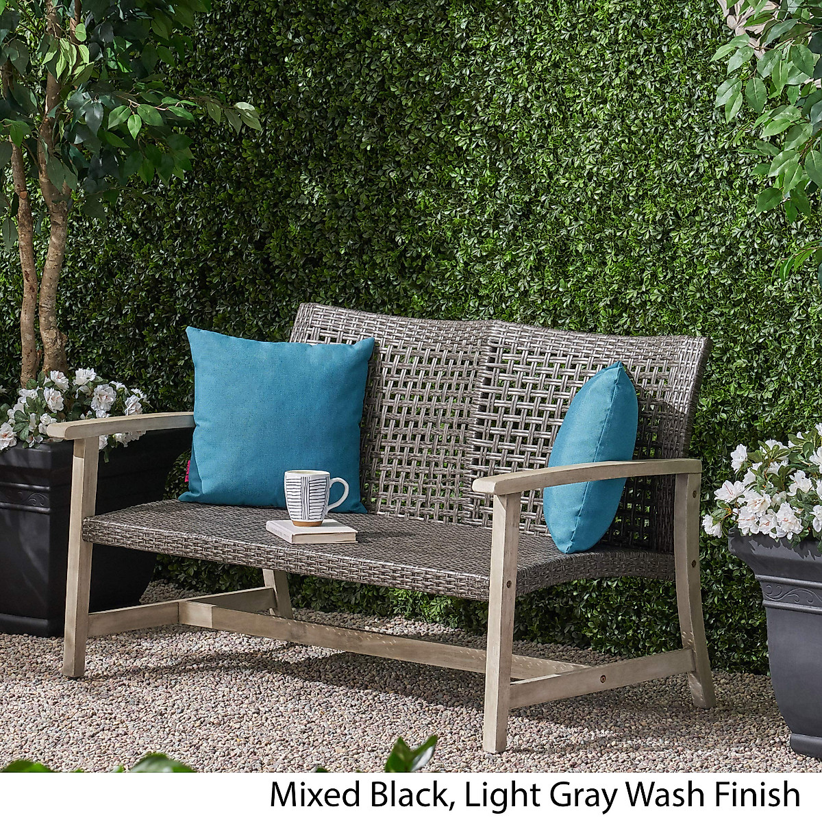 GDFStudio Outdoor Wood and Wicker Loveseat, Light Gray Finish with Mix Black Wicker