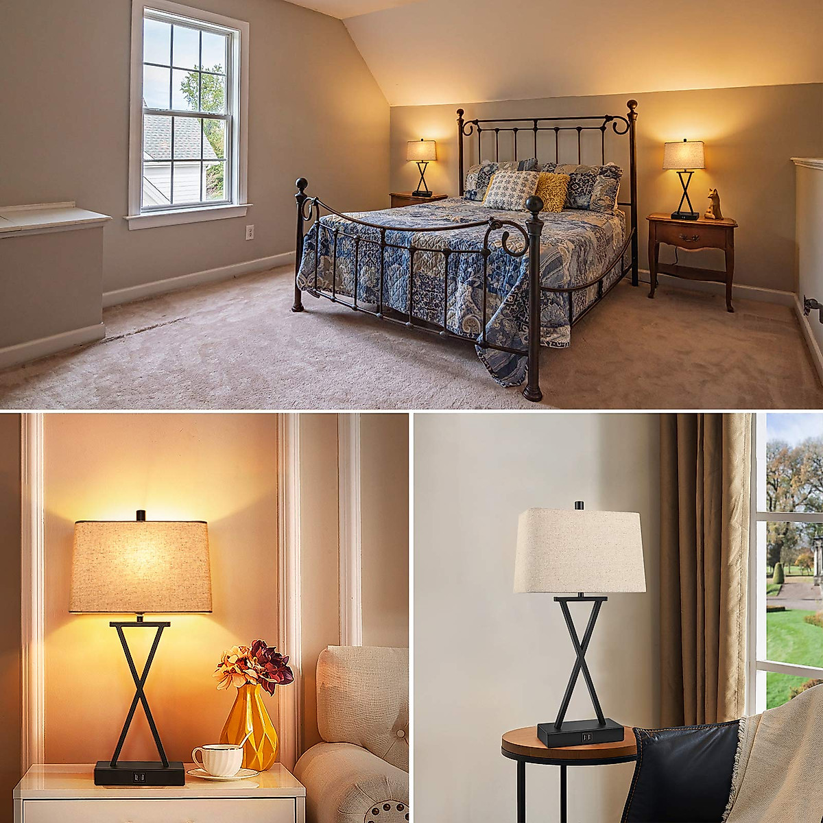 Set of 2 Touch Control 3-Way Dimmable Table Lamp Modern Nightstand Lamp with 2 USB Port Bedside Desk Lamp with Fabric Shade for Living Room Bedroom Hotel, Cream, Bulbs Included