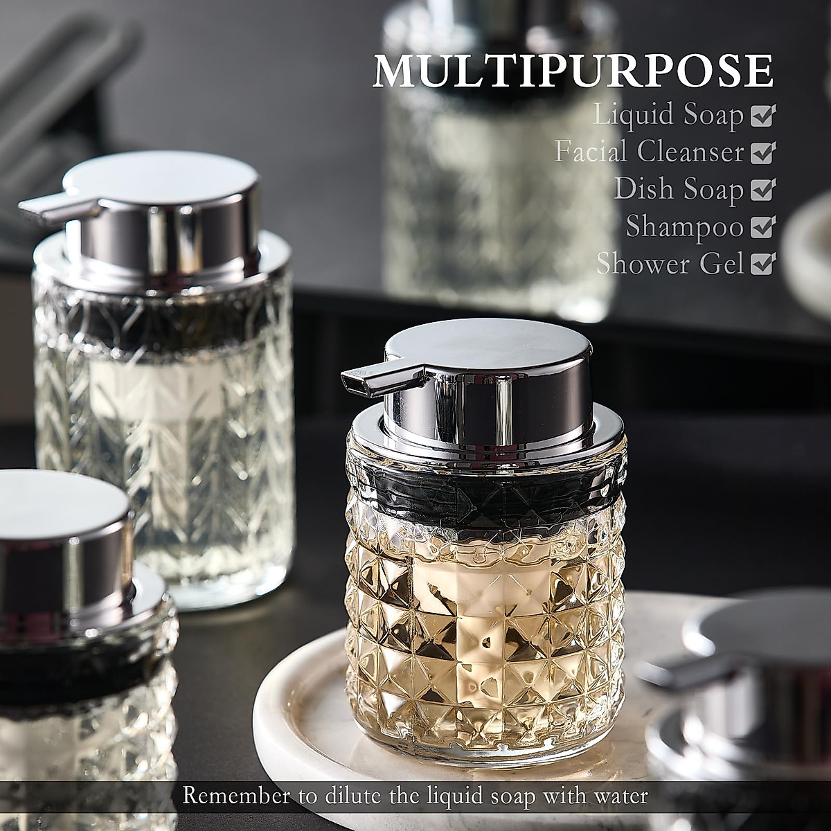 CICUFY Foaming Hand Soap Dispenser, Glass Foam Soap Dispenser or Lotion Dispenser for Kitchen & Bathroom Refillable Clear Glass Liquid soap Dispenser with Large Silver Pump-1 Pack