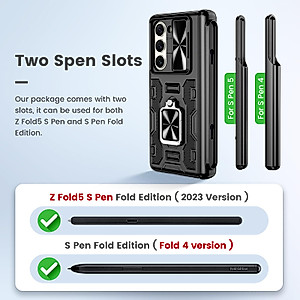 VEGO for Galaxy Z Fold 5 Case with S Pen Holder, [Hinge Protection][360°Ring Magnetic Kickstand][Slide Camera Cover][Front Screen Protector] Protective Case for Samsung Z Fold 5 5G - Midnight Black