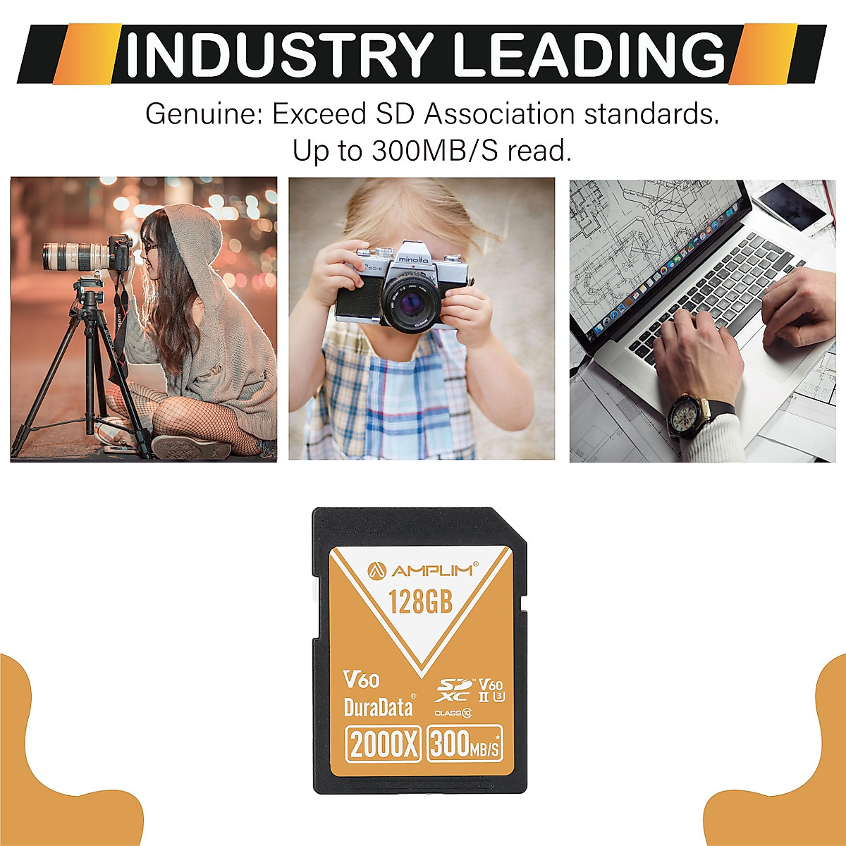 Amplim 128GB V60 UHS-II SD SDXC Card, 300MB/S 2000X Lightning Speed Performance, Extreme Read, U3 Secure Digital Memory Storage for Professional Photographer and Videographer