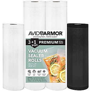 Avid Armor Vacuum Sealer Bags Rolls - 4 Pack 11"x 25' (2 Rolls) and 8"x 25' (1 Roll) & Bonus 8" x25' Black/Clear Roll Compatible with Foodsaver Food Sealer Machines BPA Free Sous Vide 100 Feet Total