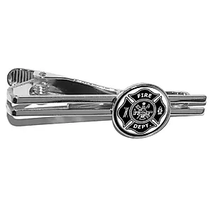Firefighter Firemen Maltese Cross - Black Round Tie Bar Clip Clasp Tack - Silver