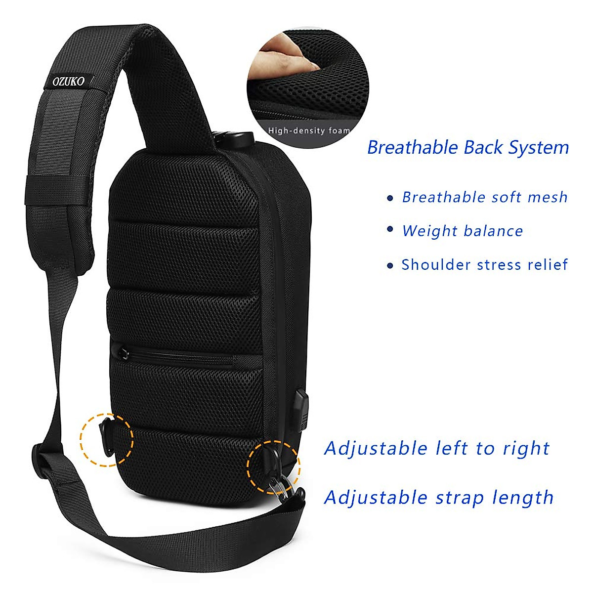 Anti Theft Sling Bag Crossbody Shoulder Bags for Men Waterproof Sling Chest Backpack with USB Charging Port Lightweight Travel Daypack (Black)