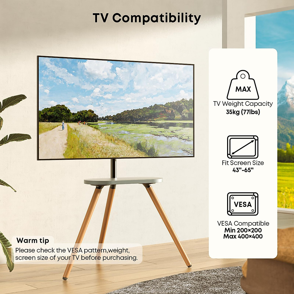 PUTORSEN Easel TV-Stand for 43-65-Inch Screens - Portable Swivel Tripod TV Stand with Wooden Tray, Height Adjustable TV Floor Stand, Max Load 77 lbs, Max VESA 400x400 mm, Black