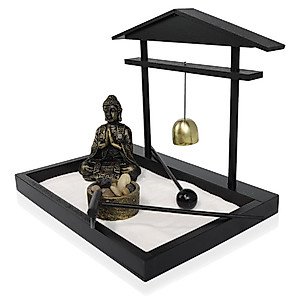 Japanese Zen Garden Kit Home Decor - Mini Zen Garden Buddha with Bell Hanging Archway Office Desk Accessories - Zen Sand Garden Desk Office Decor - 8.5" x 6.5" x 7"