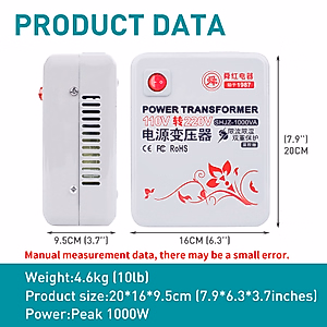 （1000W） Voltage Converter from 110V to 220V, high Performance Step-up Transformer to Support appliances Used in Europe, Asian appliances and Other Regions,CE/FCC Certification.