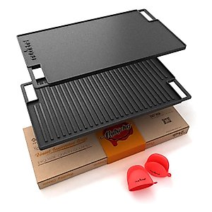 NutriChef 18 Inch Cast Iron Griddle Skillet Reversible Grilling Plate Pan For Stove Top with Heat Resistant Oven Grab Mitt, Black (2 Pack)
